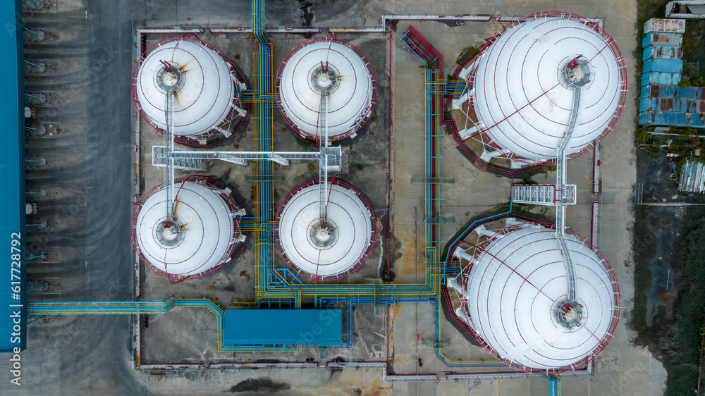 Aerial top view LPG Liquefied Petroleum Gas storage tank, LPG gas ...