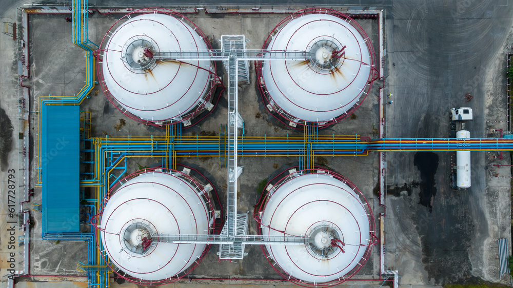 Aerial top view LPG Liquefied Petroleum Gas storage tank, LPG gas ...