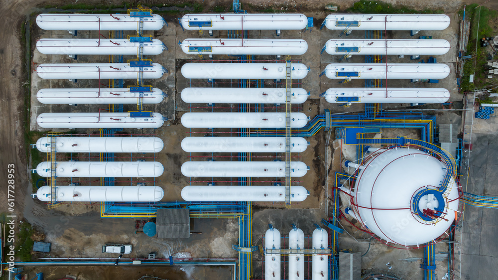 Aerial top view LPG Liquefied Petroleum Gas storage tank, LPG gas ...