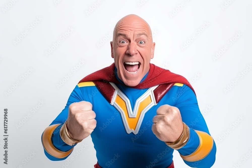 Surprised bald man in superhero costume on a white background. Stock ...