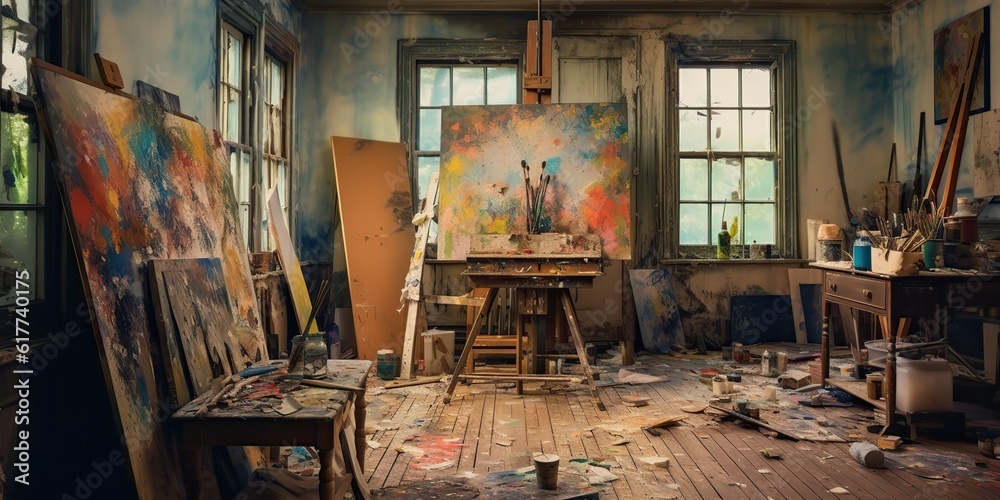 AI Generated. AI Generative. Vintage artist draw pain art room with ...