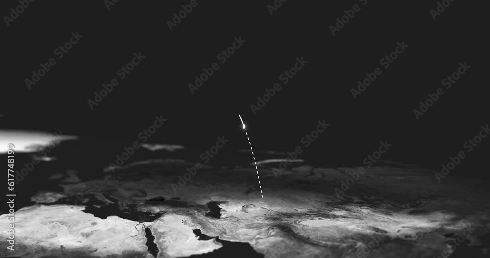Rocket, weapon and trail of missile launch on black background for war ...