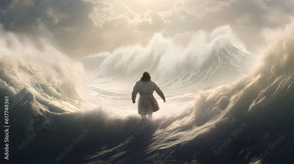 Jesus Christ walking on water. Storm with huge waves. AI generated ...