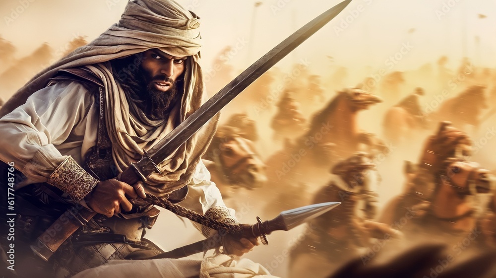 ancient arabic background design, moment of arab soldier in battle ...