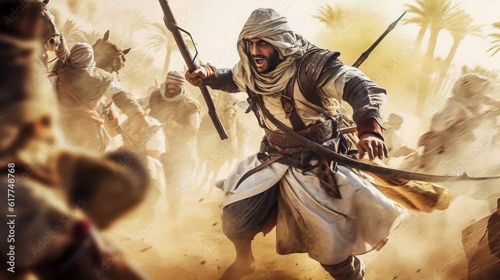 ancient arabic background design, moment of arab soldier in battle ...