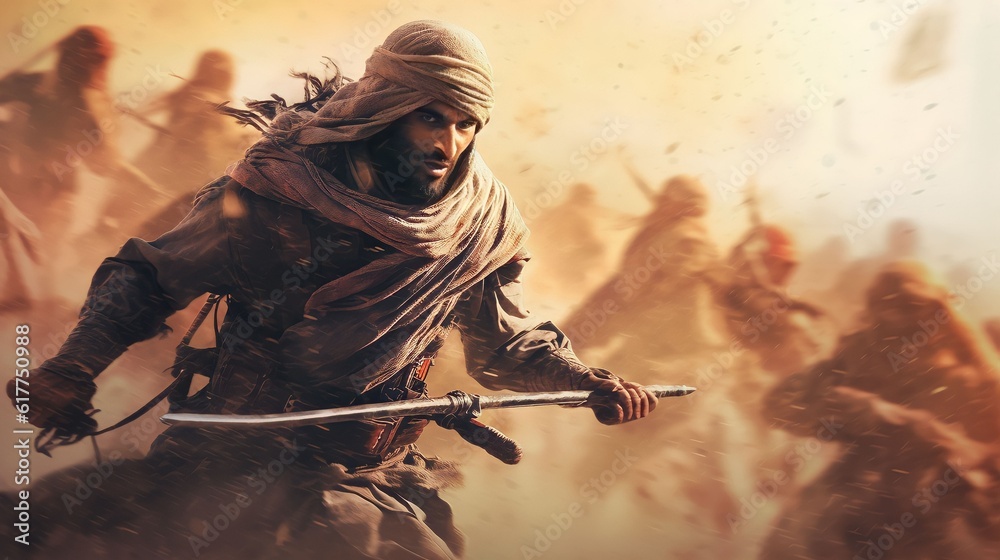 ancient arabic background design, moment of arab soldier in battle ...