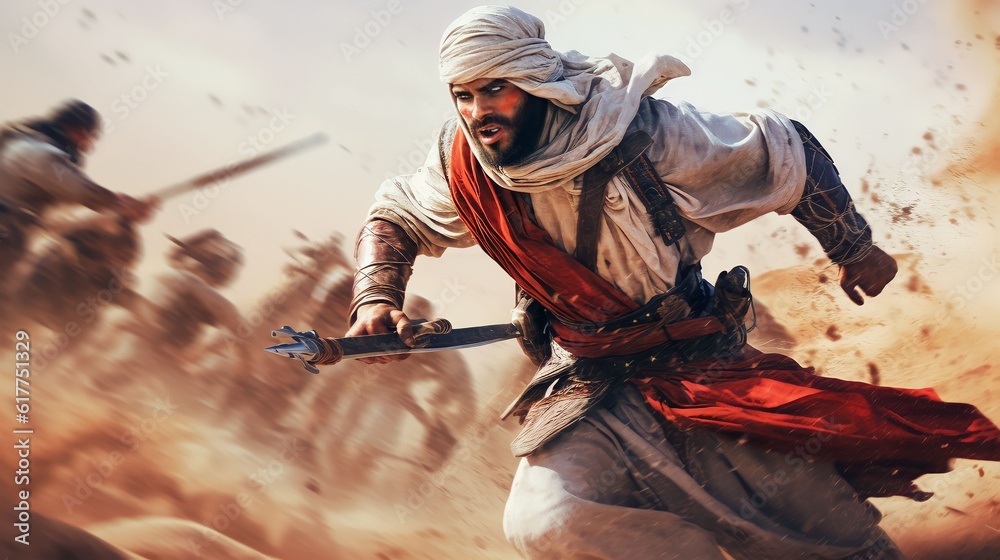 ancient arabic background design, moment of arab soldier in battle ...