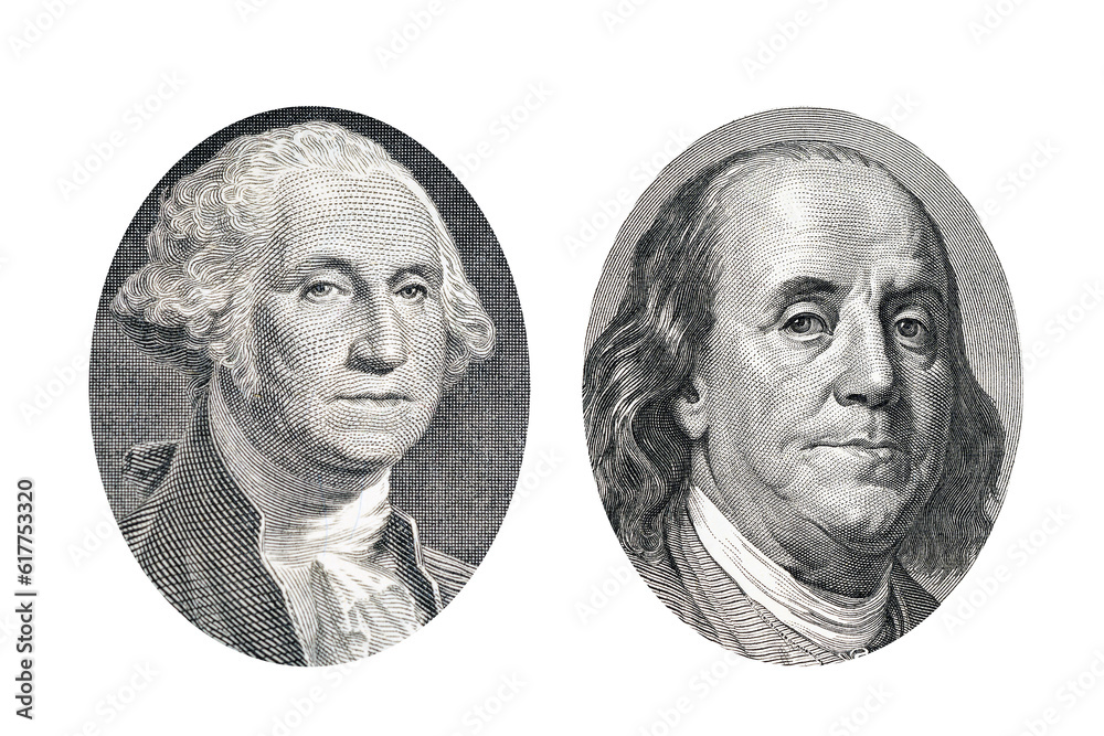 Portraits of George Washington and Benjamin Franklin from dollar bills ...