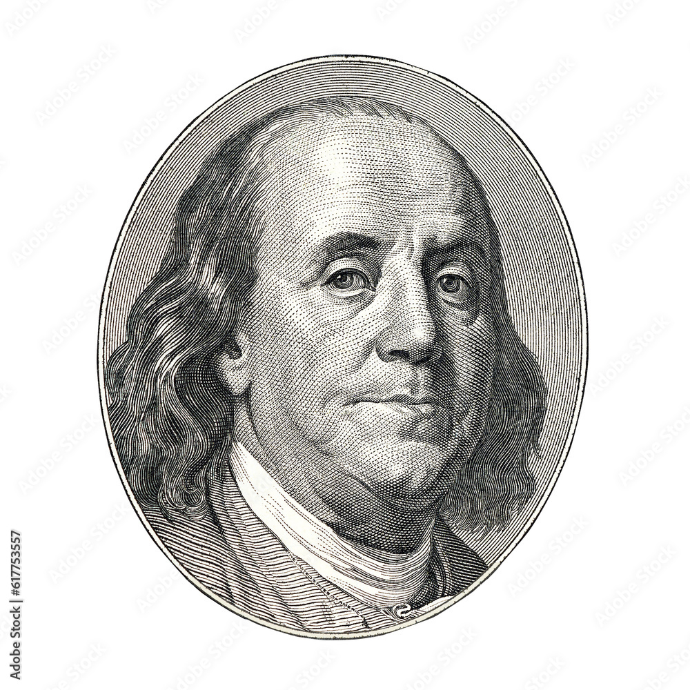 Benjamin Franklin cut from old 100 dollars banknote isolated on white ...