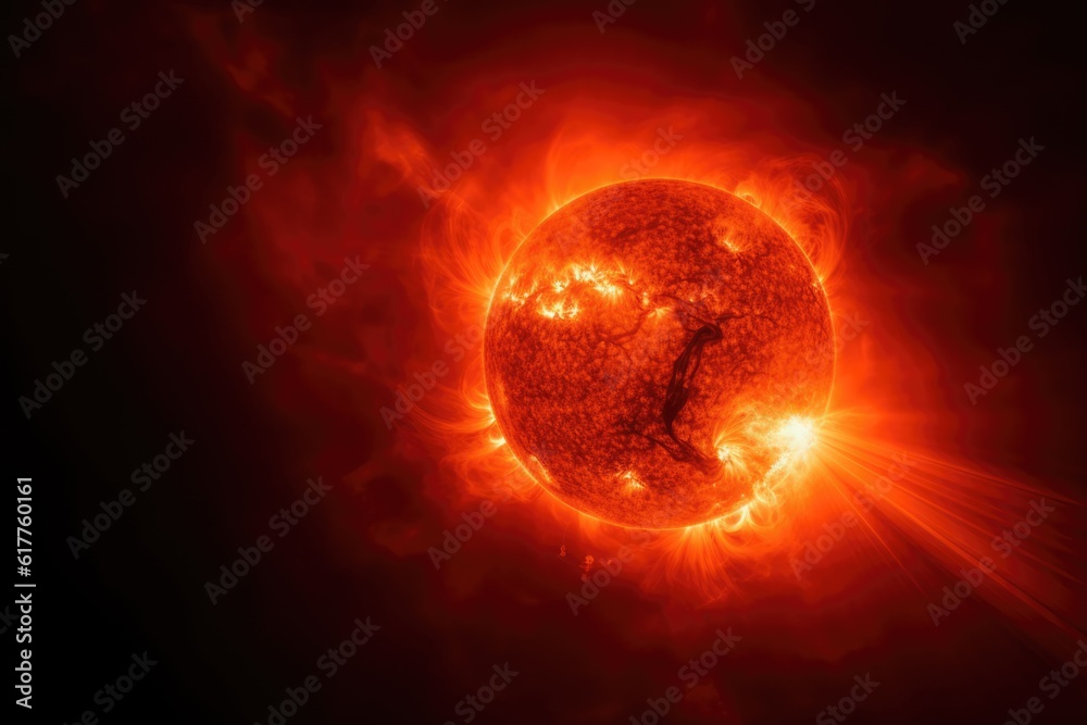 Glowing red sun with light trails on black background, created using ...