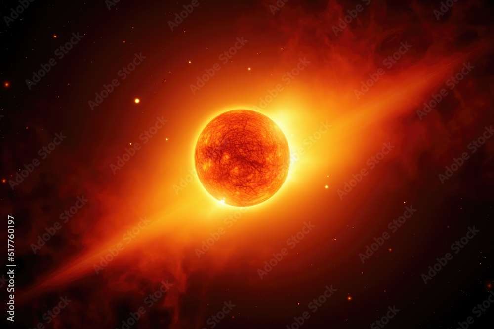 Glowing red sun with light trails and stars in space, created using ...