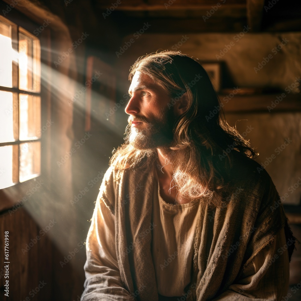 Portrait of Jesus Christ in a carpentry environment with sun rays ...