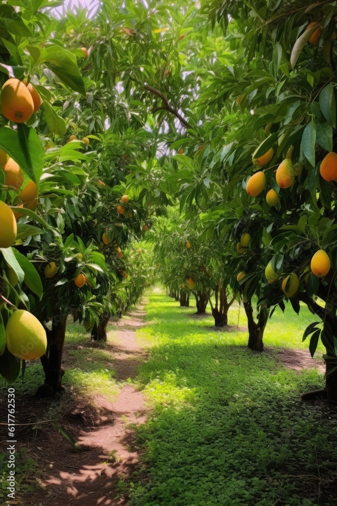 Mango trees with fruit in row in nature, created using generative ai ...
