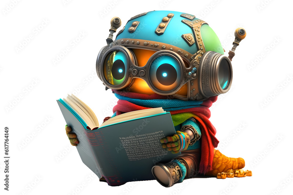 Cute robot reading a book, cartoon style, isolated on white background ...