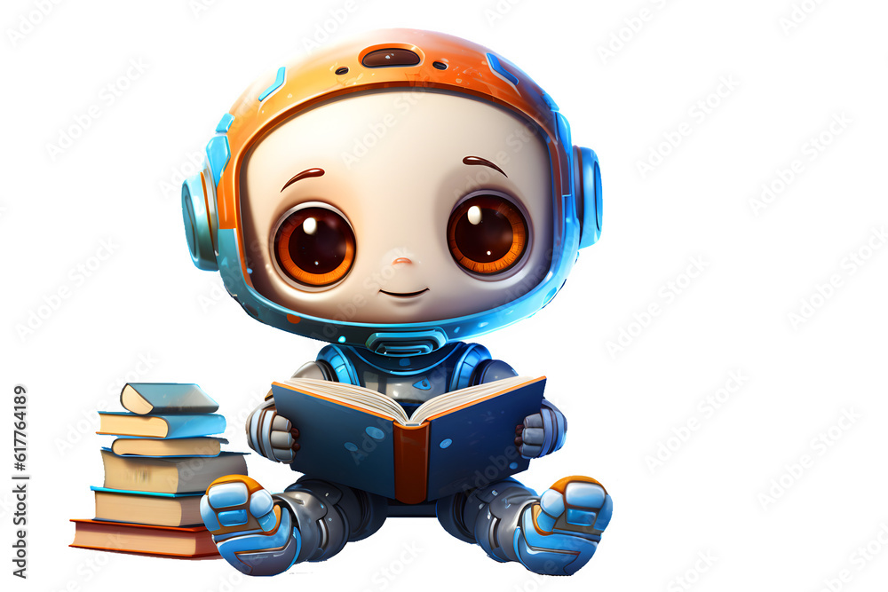 Cute robot reading a book, cartoon style, isolated on white background ...
