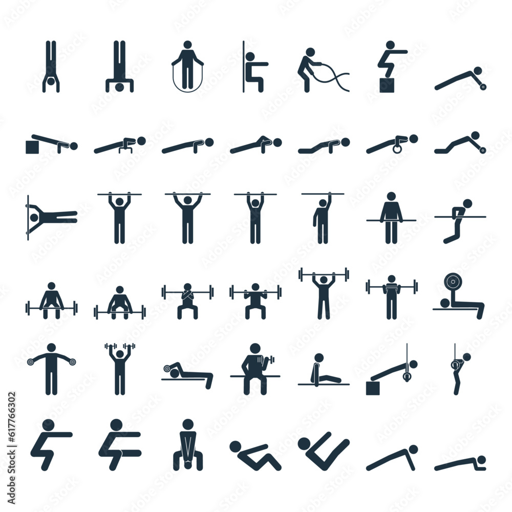 Set of calisthenics, workout, athletic, gym, fitness training exercises ...