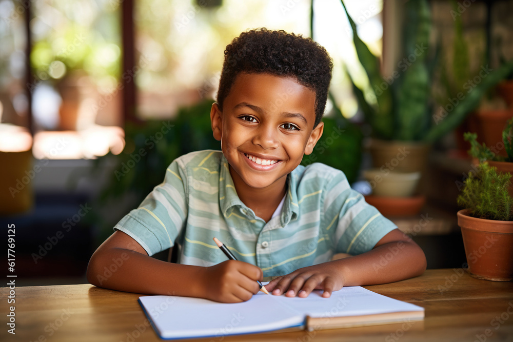 Smiling african american child school boy doing homework while sitting ...