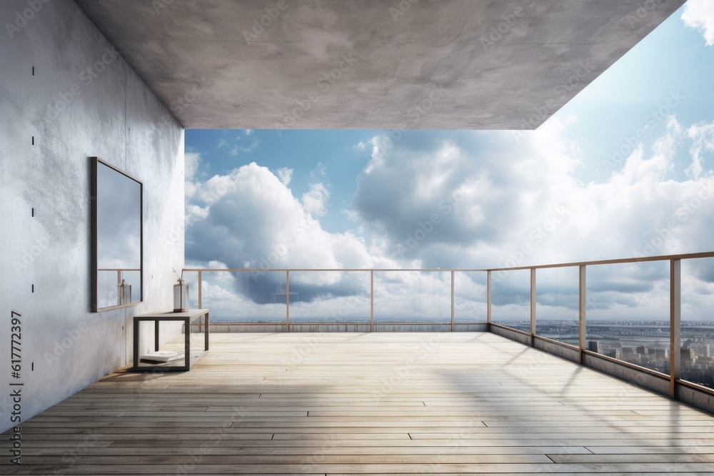 Interior of a concrete open air balcony that is completely empty, with ...
