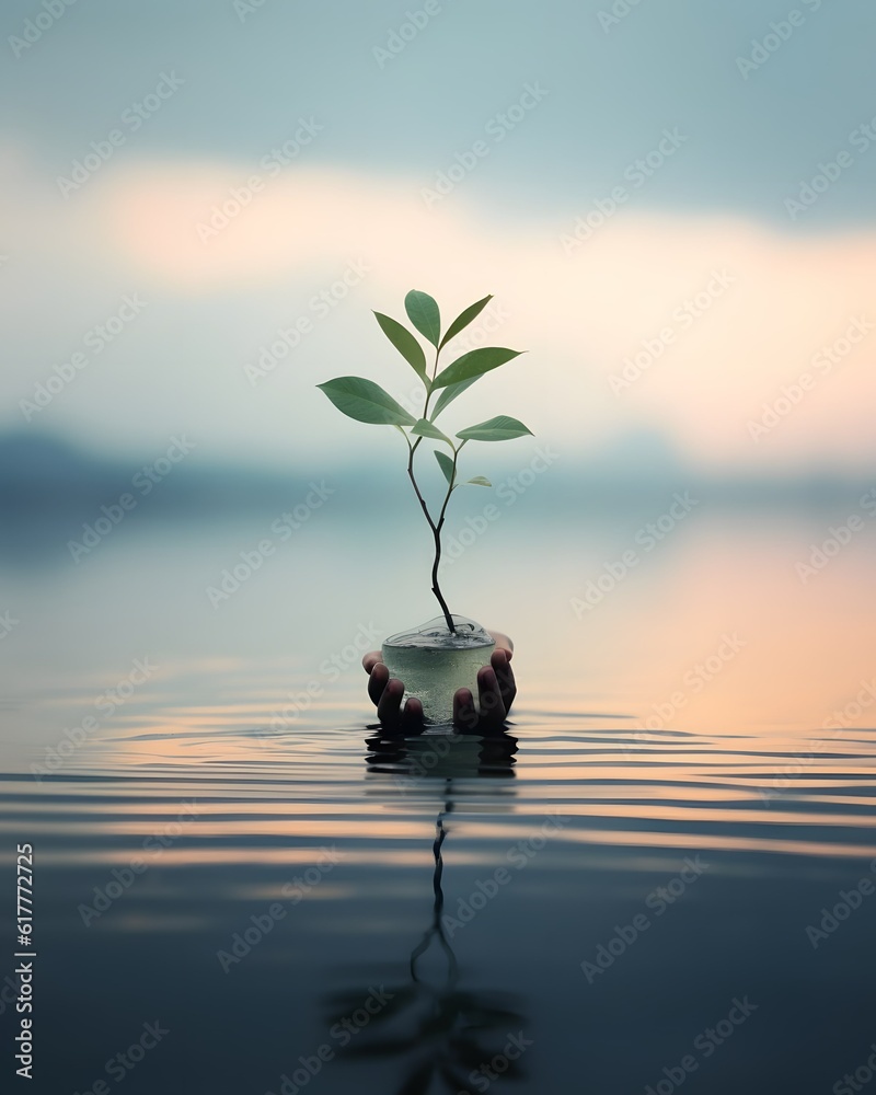 Minimalist setup of a hand holding a tiny green sapling from beneath ...