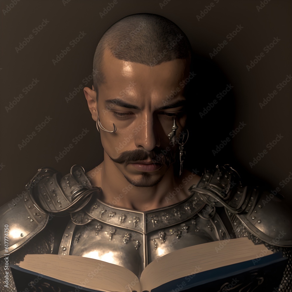 reading a book wearing a silver armor body full torso full legs full ...