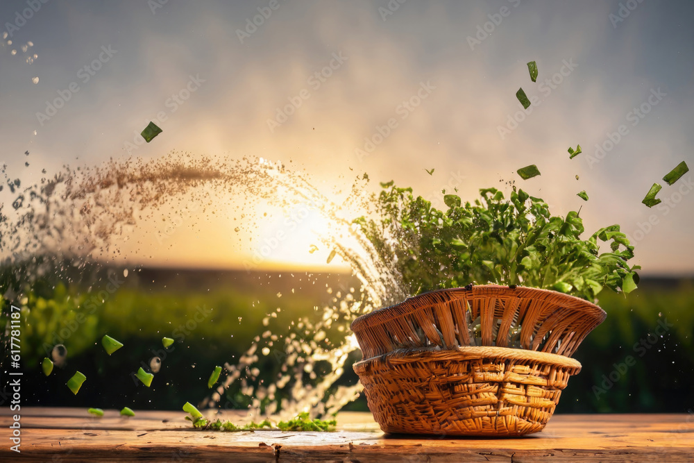 Watercress vegetables exploding with splashes of water over a basket ...