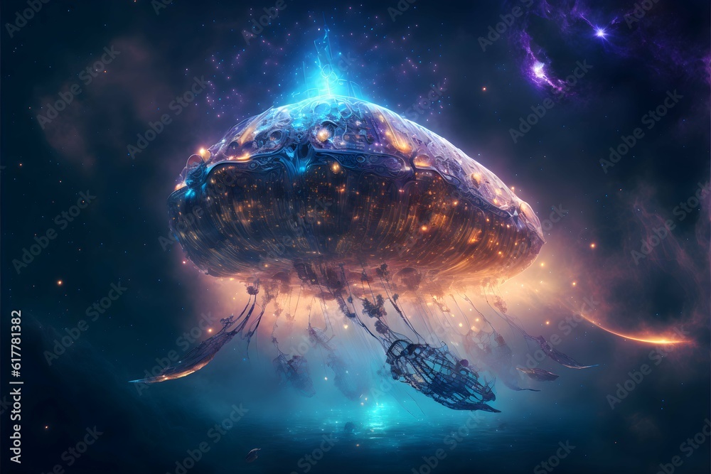 ultra detail giant alien mothership in shape of a jellyfish with ...