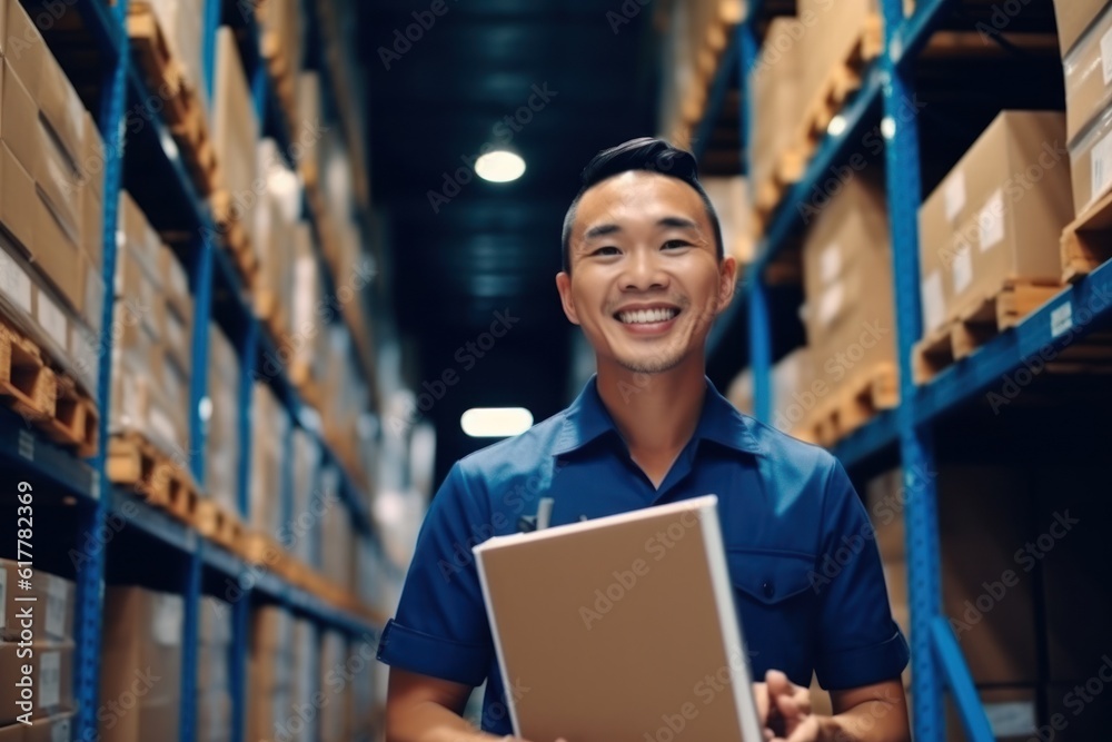 Smiling Asian man working in a warehouse Young woman holding folder and ...