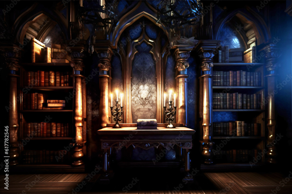 medieval library, gothic reading room interior with desks, old ...