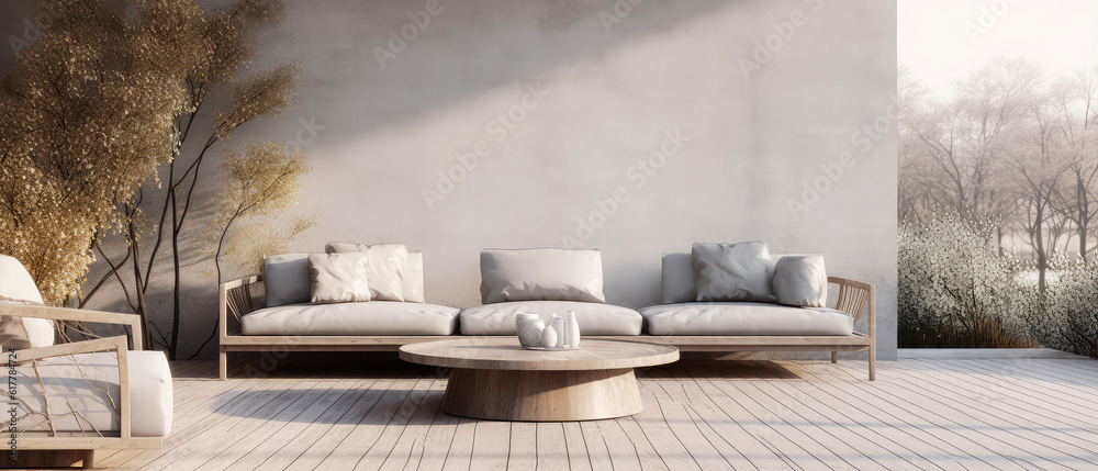 Luxury exterior design scene. Villa Backyard terrace in the evening ...