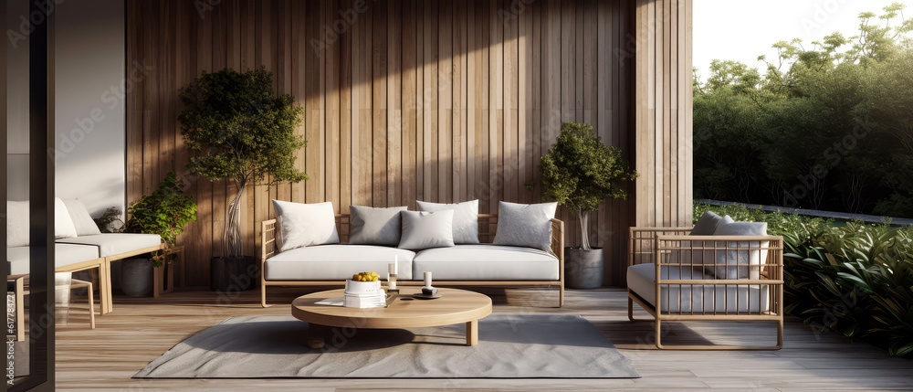 Luxury exterior design scene. Villa Backyard terrace in the evening ...