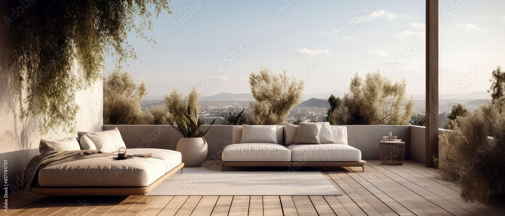 Luxury exterior design scene. Villa Backyard terrace in the evening ...