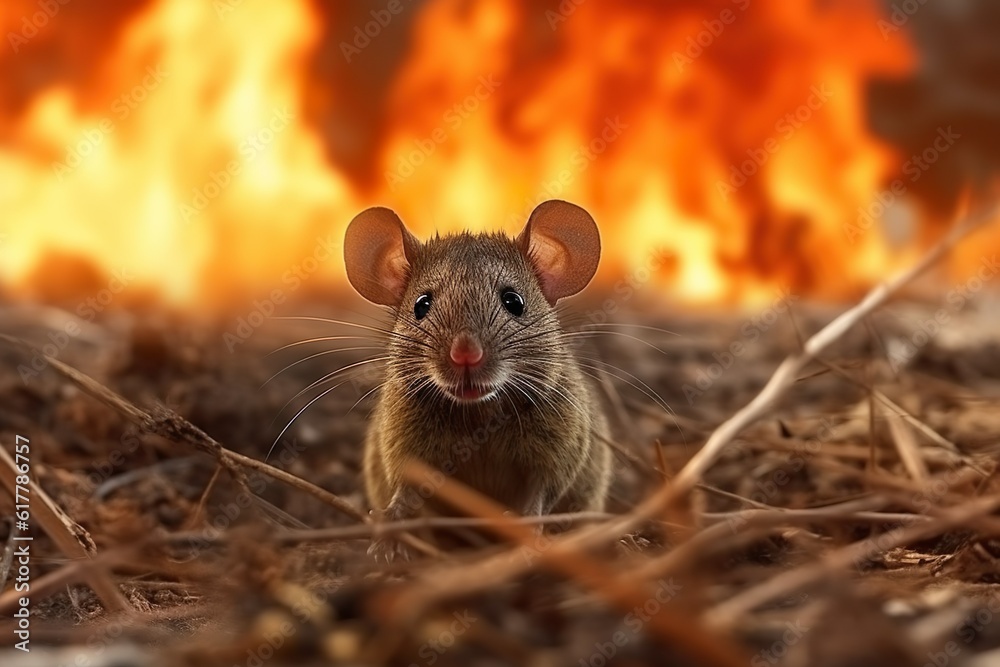 Scared mouse in the burning meadow. Climate change and drought ...