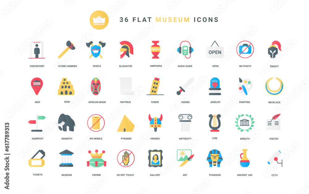 Art gallery exhibition and ancient architecture symbols, warning signs ...