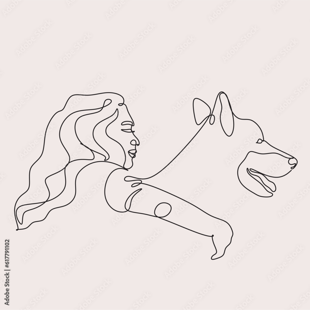 Vector illustration line art girl and dog hugging together. Friendship ...
