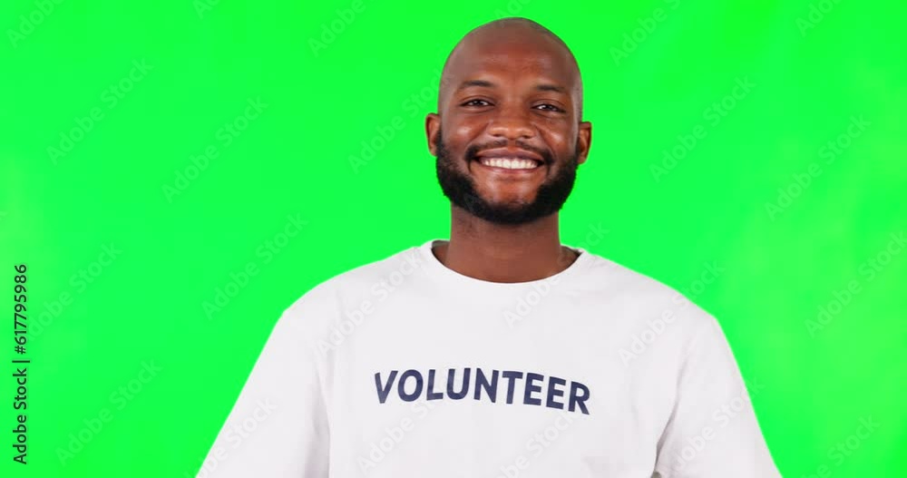 Face, volunteer and man thinking, green screen and opportunity against ...