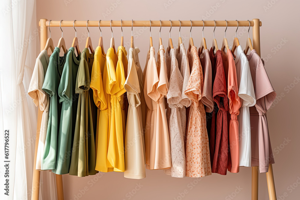 Fashion dresses in vintage colors on hangers in wardrobe. Wooden ...