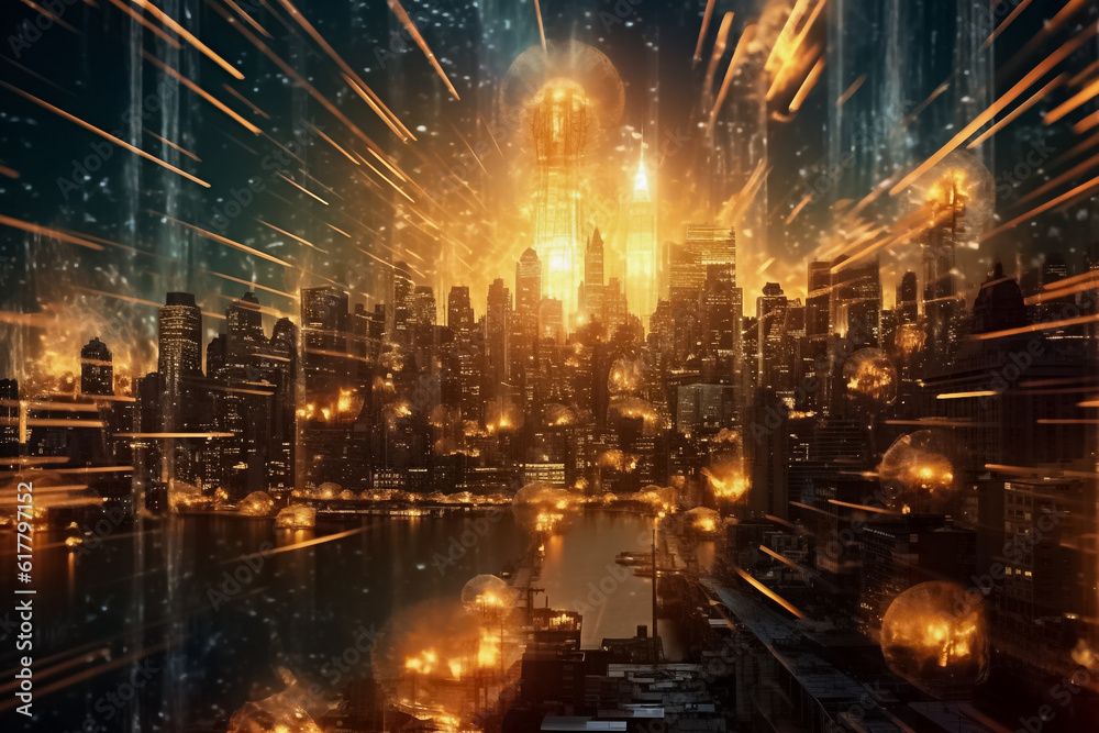 the golden luminous force surrounding the night downtown city, an ...