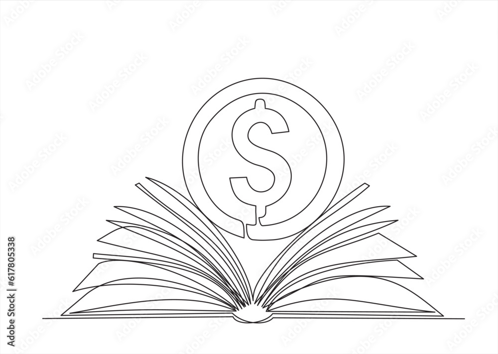 continuous one line drawing of money coin dollar and open book ...
