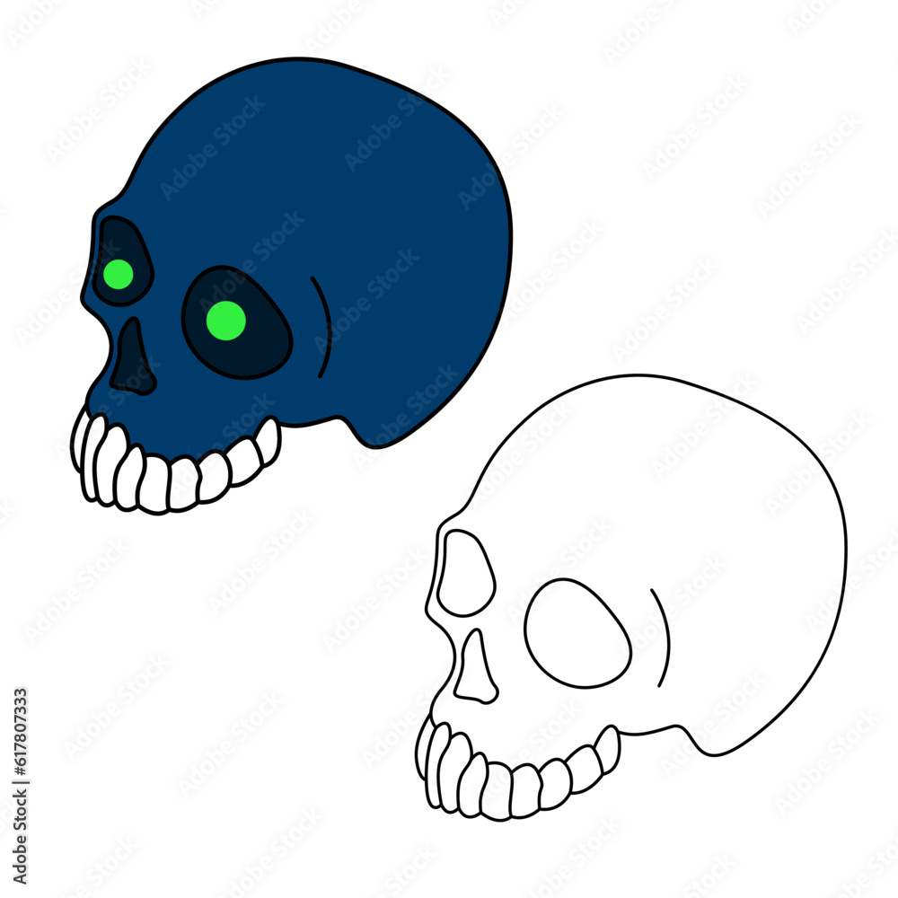 blue skull vector with green eyes, black and white skull vector line ...