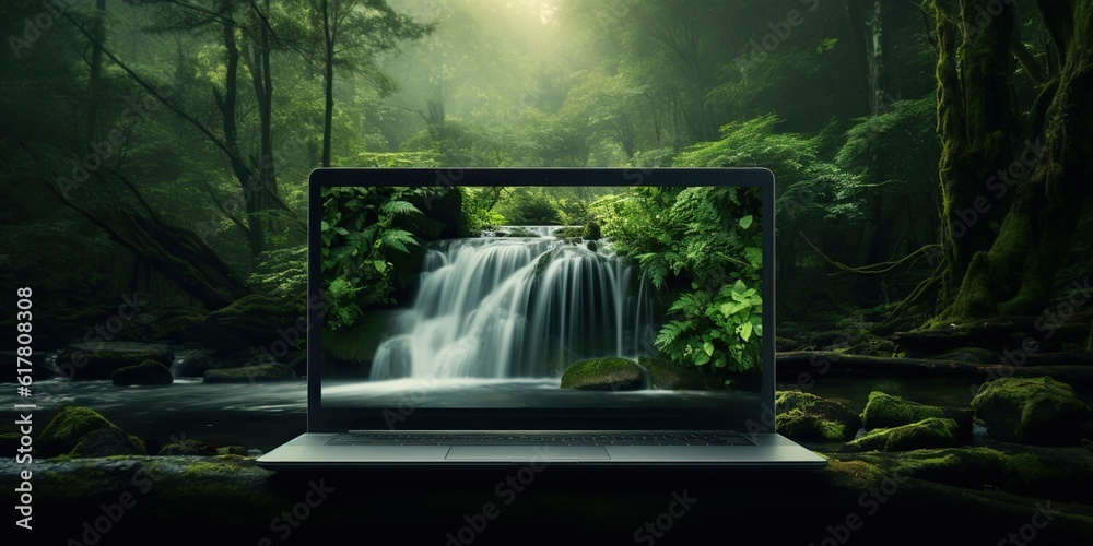 Laptop spewing out a waterfall, turning into a lush, green forest at ...