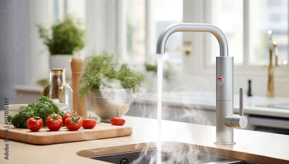 Quooker boiling water tap in kitchen modern design. Bright interior ...