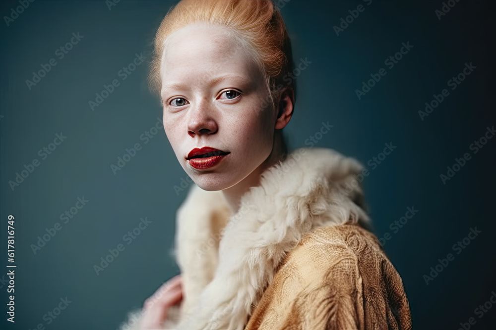 Generative AI illustration of portrait of young albino woman with red ...