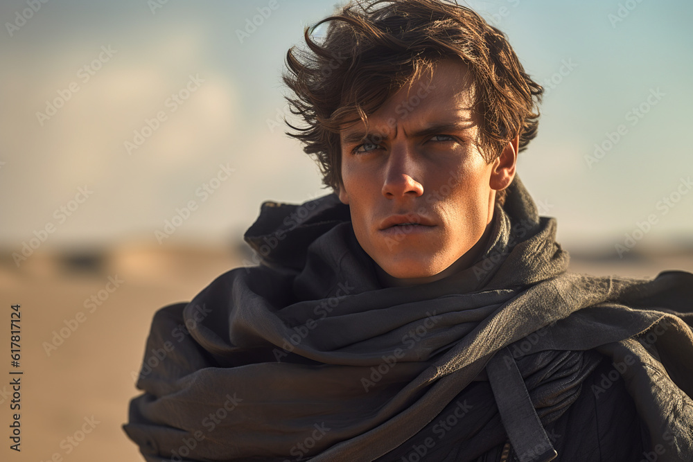Generative AI illustration of male in cloak wandering in desert land ...