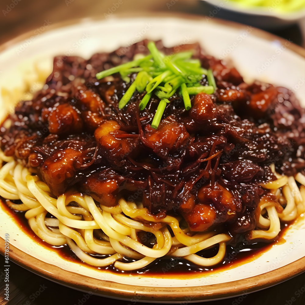 Korean traditional Ramyeon noodle with egg yolk, chilli, kimchi in a ...