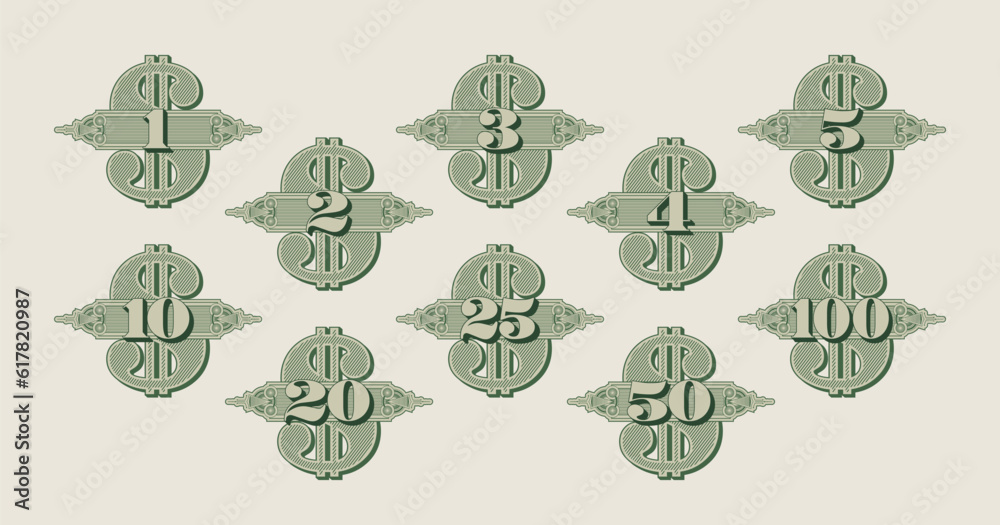 Vector set of financial stickers or icons 10 pieces. Denominations from ...