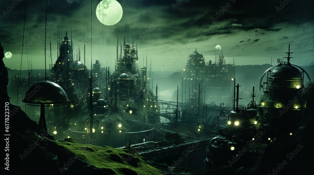 Dark sci-fi futuristic city in an alien world landscape with noir ...