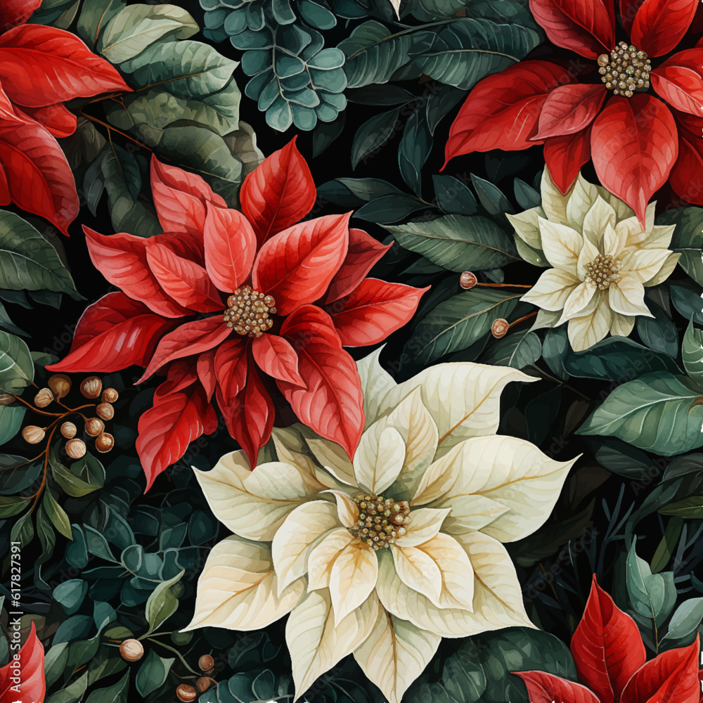 Seamless vintage vector background with poinsettia flowers. Stock ...