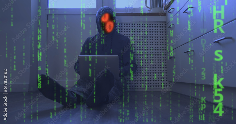 Matrix video effect, ones and zeros cover face, vfx, hacker in hood ...