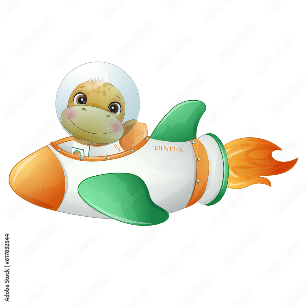 Cute dinosaur astronaut with spaceship in the galaxy watercolor ...