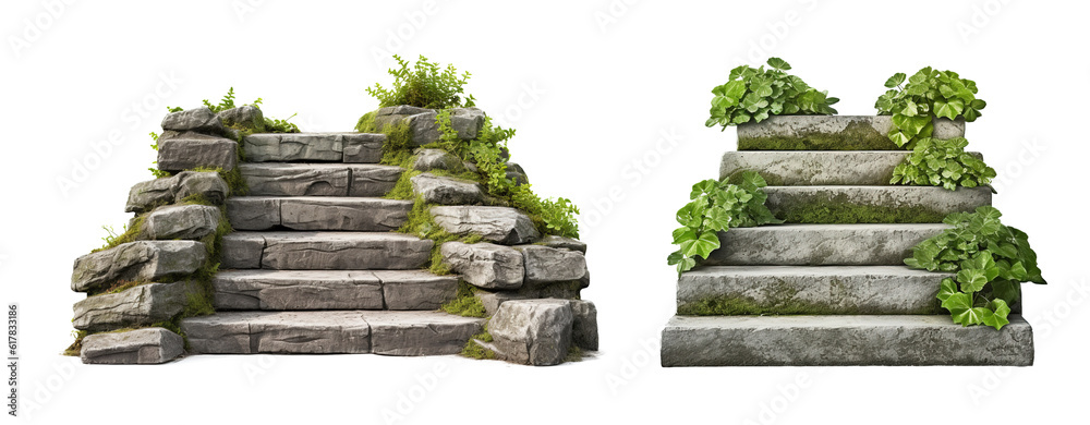 stairs made of large stone steps. Staircase lined with green plants for ...